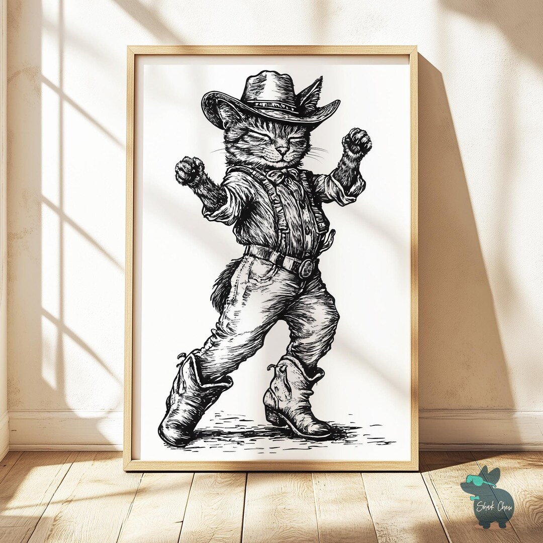 Vintage Western Cowboy Cat Art Print, Dancing Feline Wall Decor, Rustic ...