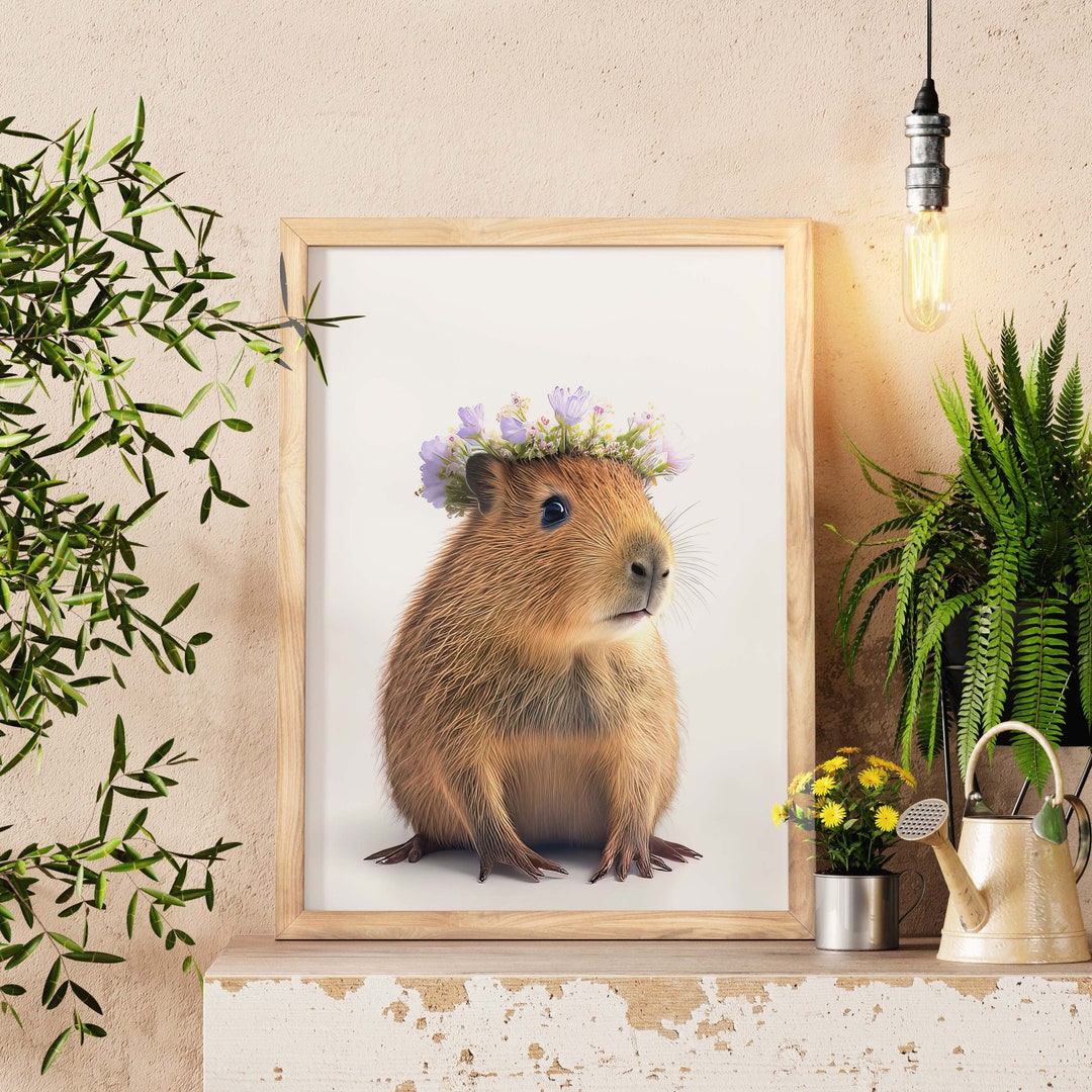Baby Capybara Art Print, Capybara Floral Crown Wall Art, Housewarming ...