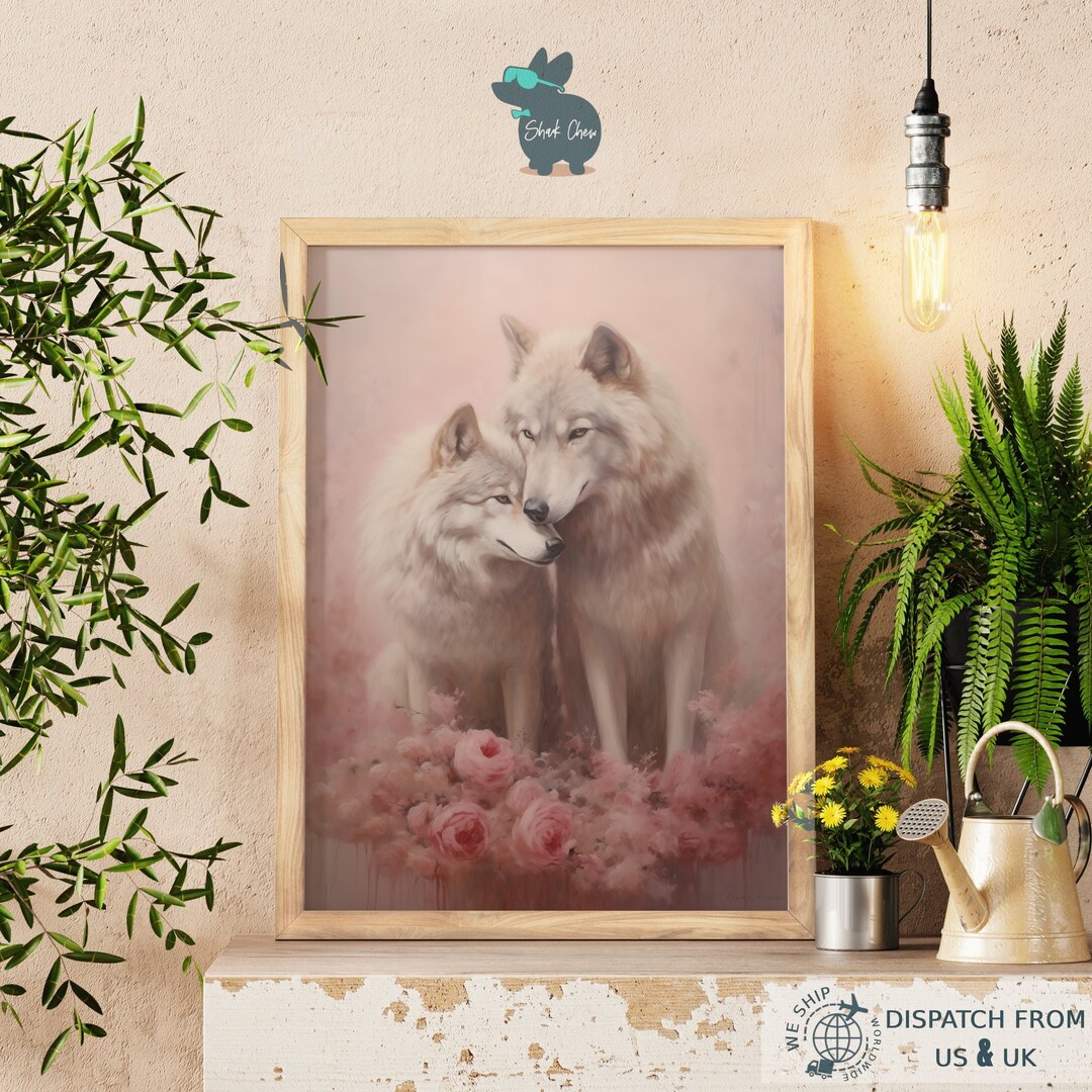 Vintage romantische Wolf Paar Leinwanddruck, rosa Blumen Wölfe Wand Kunst verträumte Tierliebe ...