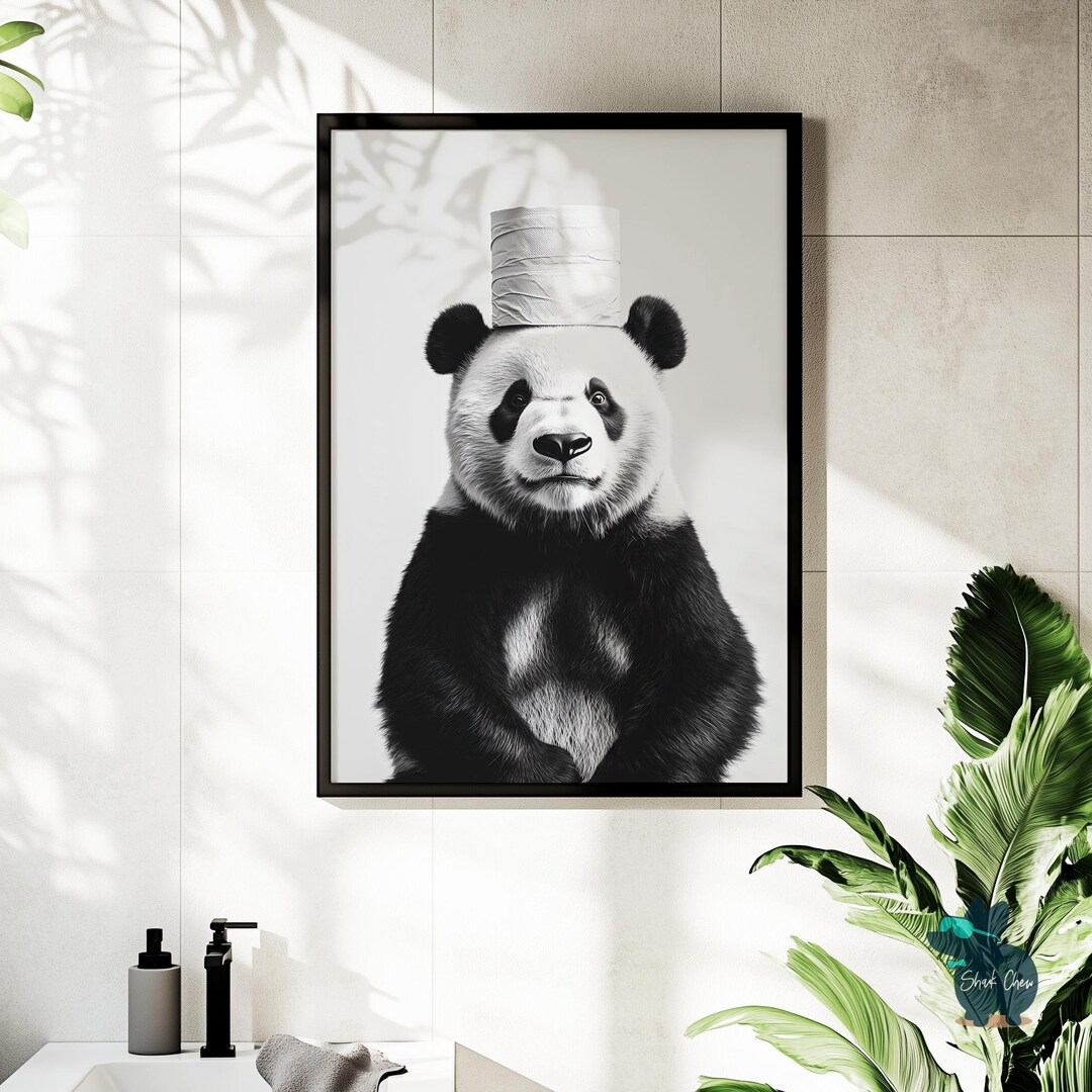 Funny Panda Bathroom Art, Quirky Panda Wall Print, Black and White ...