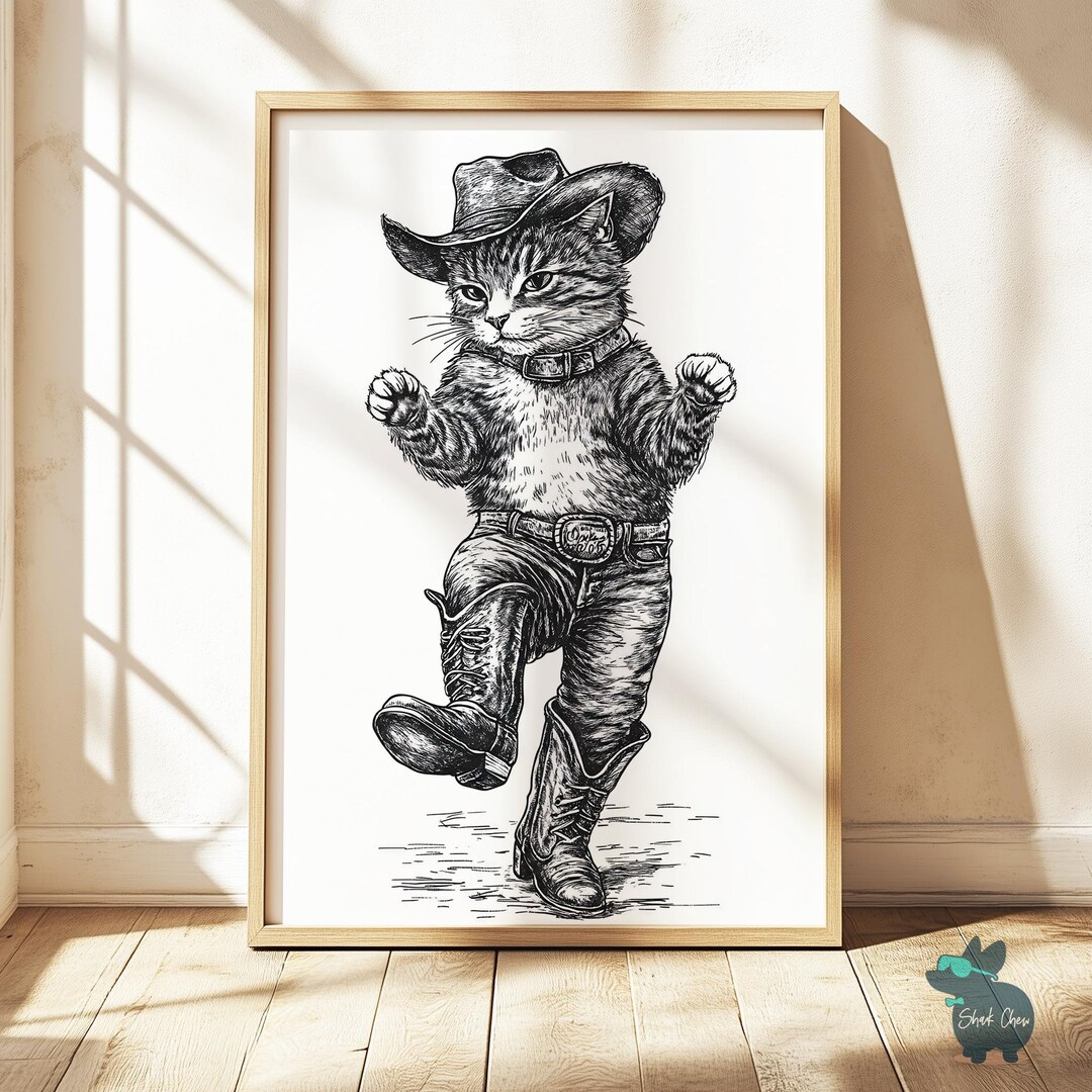 Western Dancing Cat Wall Art, Cowboy Cat Illustration, Rustic Feline ...