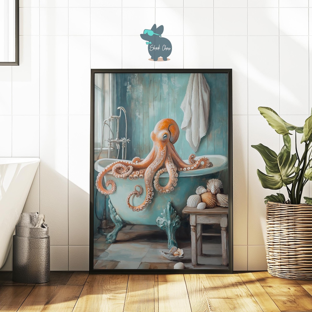Quirky Octopus Bathroom Art, Funny Animal Print for Bathroom Wall Decor ...