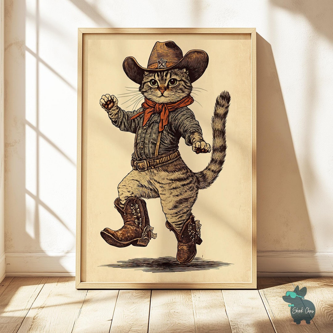 Vintage Cowboy Cat Poster Rustic Animal Print Western Cat Art Cute Cat ...