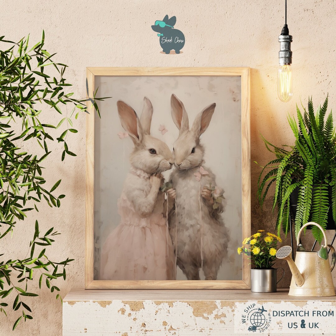 Vintage Rabbits in Clothes Wall Art, Rustic Cute Animal Painting ...