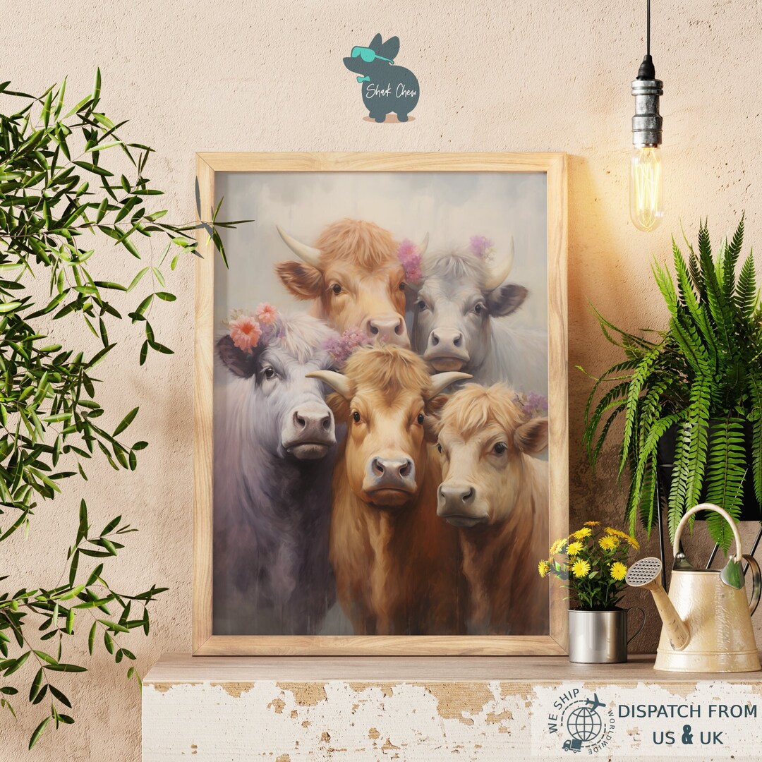 Rustic Cow Canvas Art With Floral Crowns, Farmhouse Chic Wall Decor ...