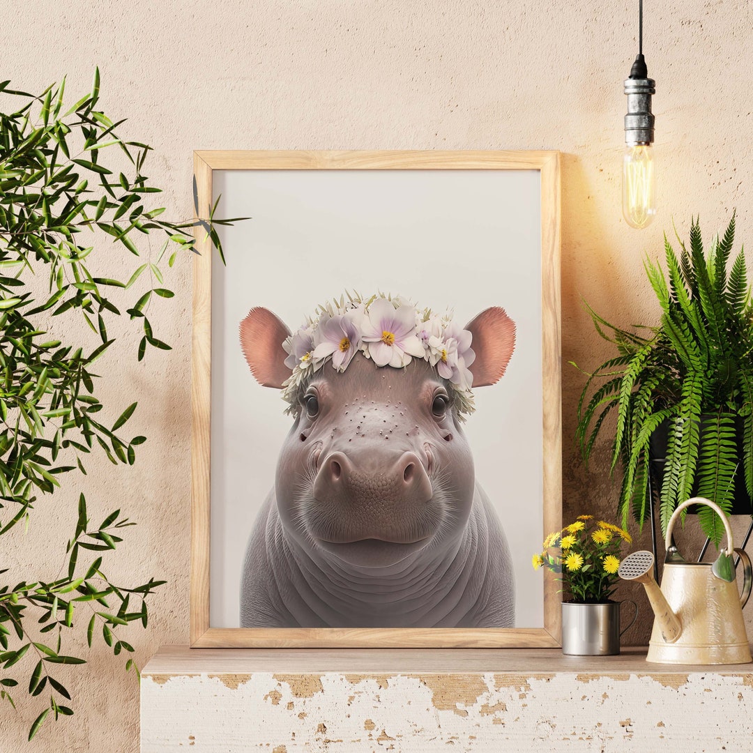 Hippo Wall Art, Hippo Floral Crown Art Minimalist and Cute, Perfect for ...