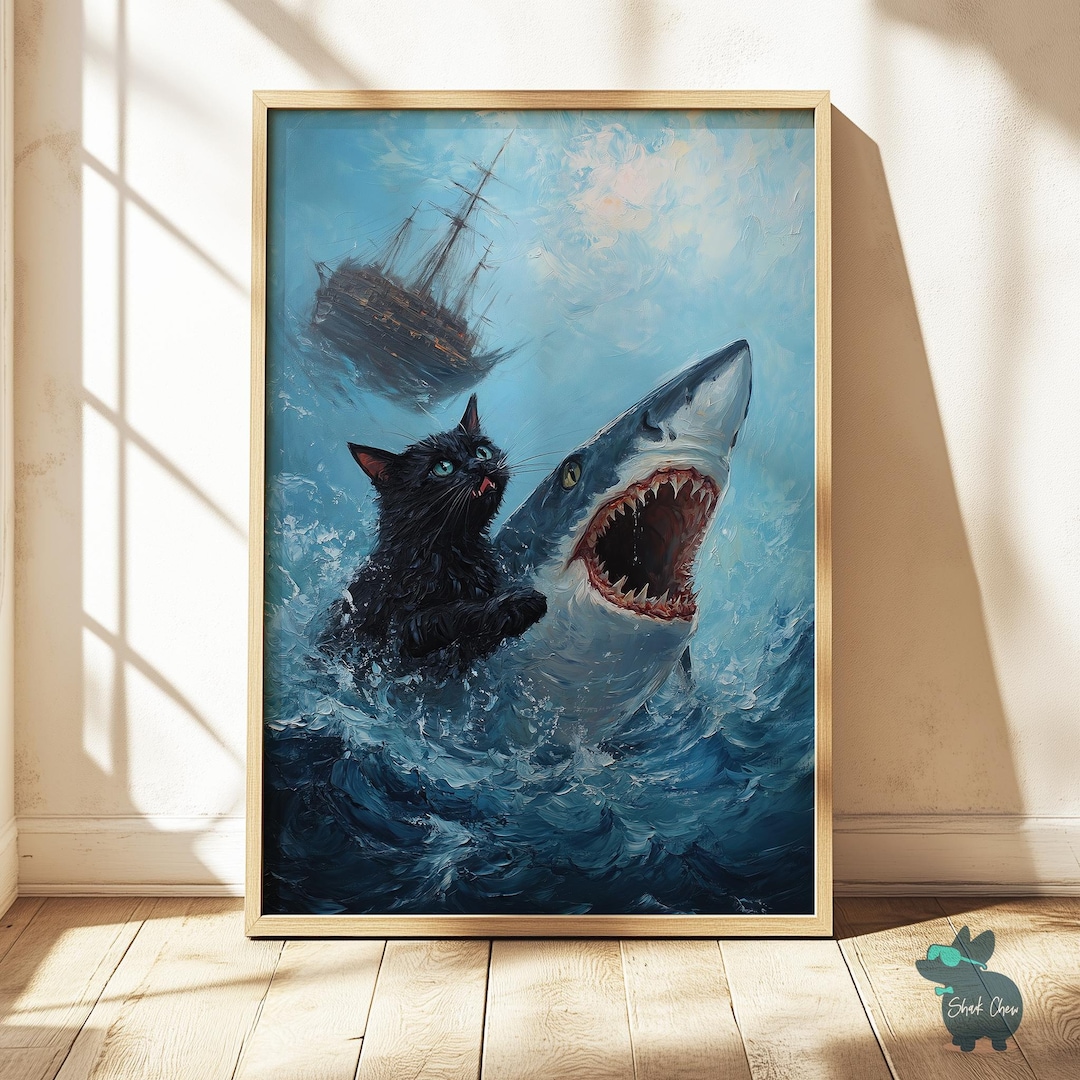 Cat and Shark Wall Art, Nautical Animal Print, Adventure-themed Decor ...