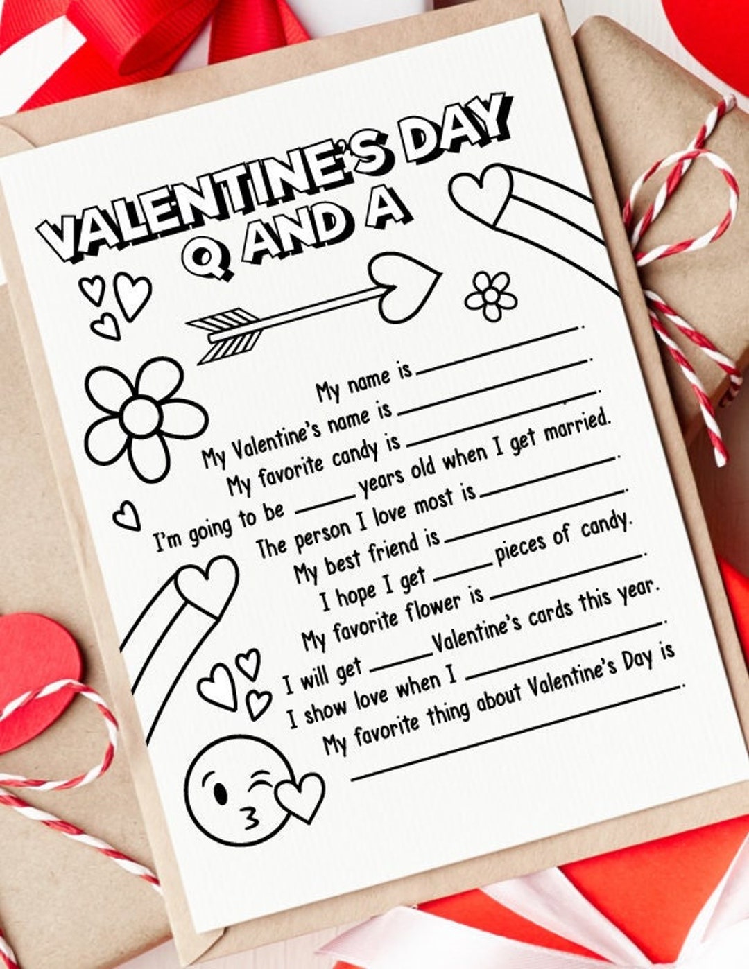 Valentine's Q and A Printable Questionnaire Coloring Sheet for Kids ...