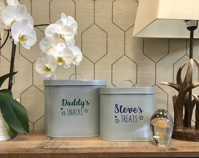 Personalised Food / Treat / Biscuit Storage Tin Gift Grey White Black ...