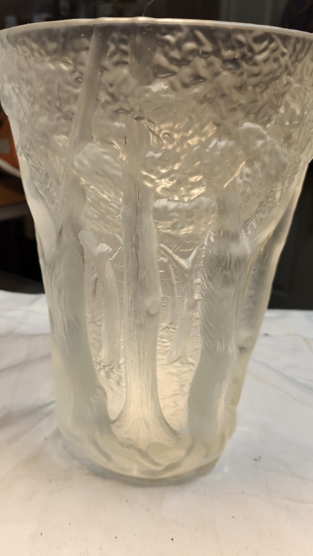 Vintage Frosted Glass Vase Trees in Relief. in the Manner of Lalique, a ...