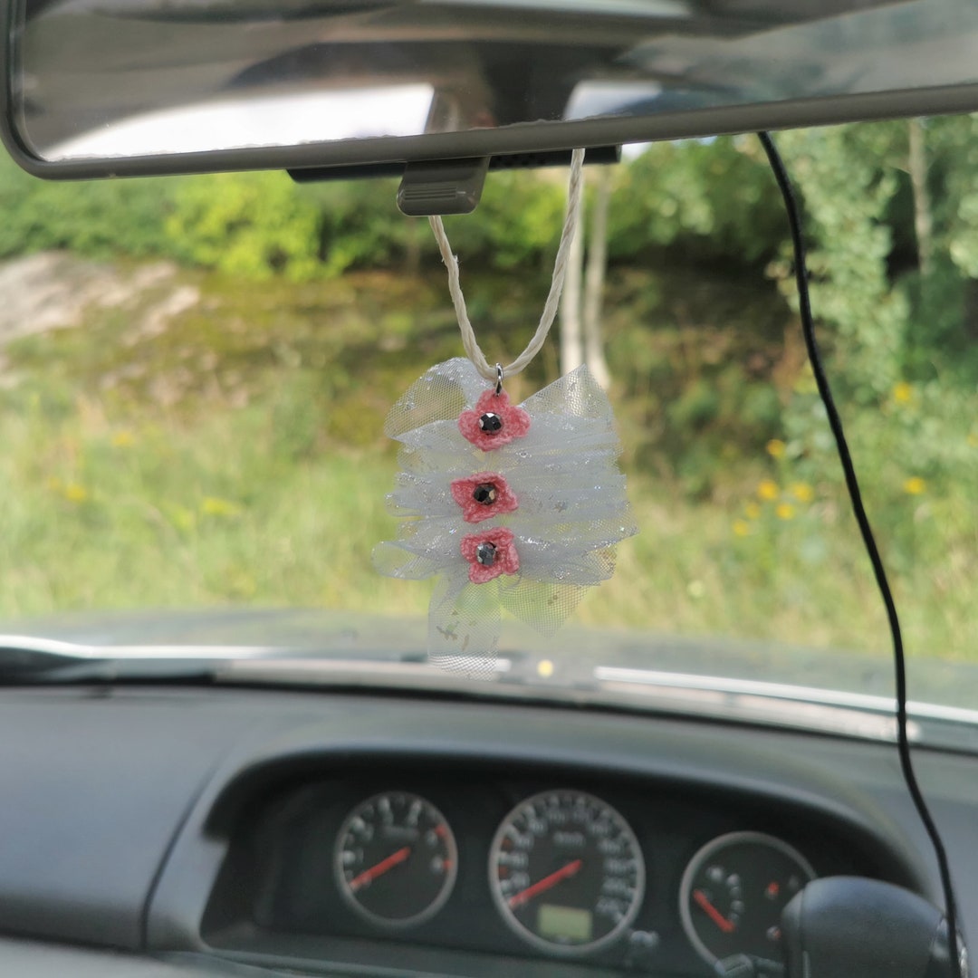 Car Mirror Accessory With Tulle and Crochet Flowers Car Rear - Etsy