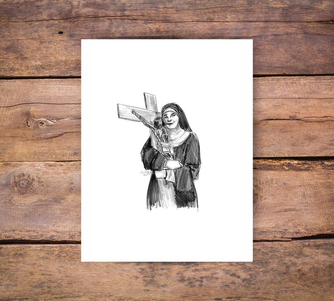 Nun Hugging Crucifix Catholic, Black and White, Traditional Latin Mass ...