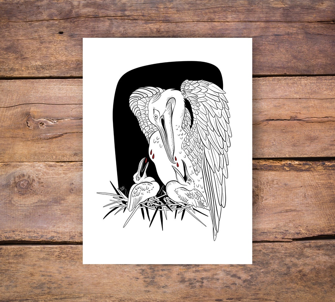 Catholic Pelican- Christ Symbol, Lent, Piety, Black and White Ink ...