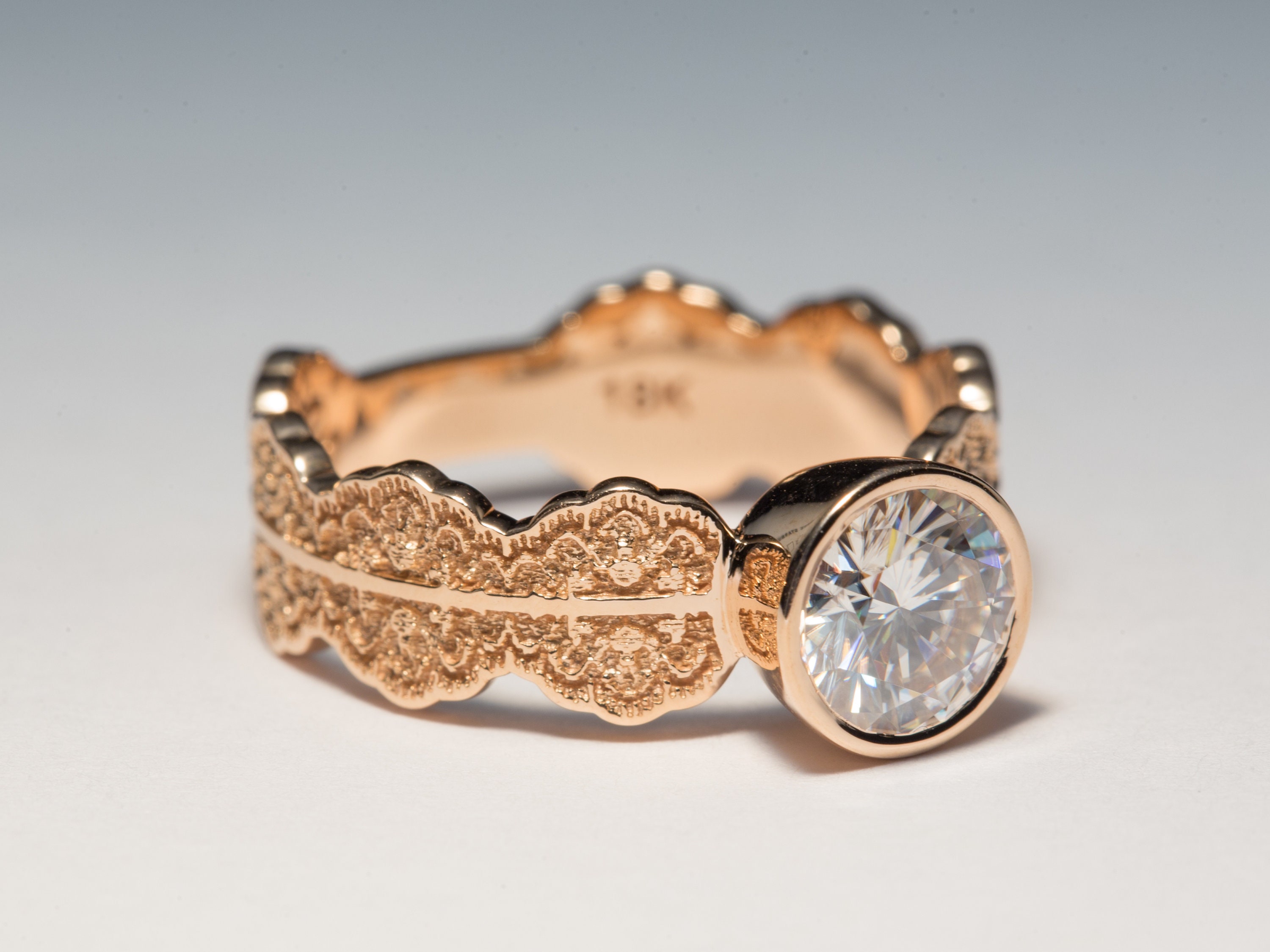 Rose Gold Lace Engagement Ring With 1 Carat Moissanite Unique | Etsy