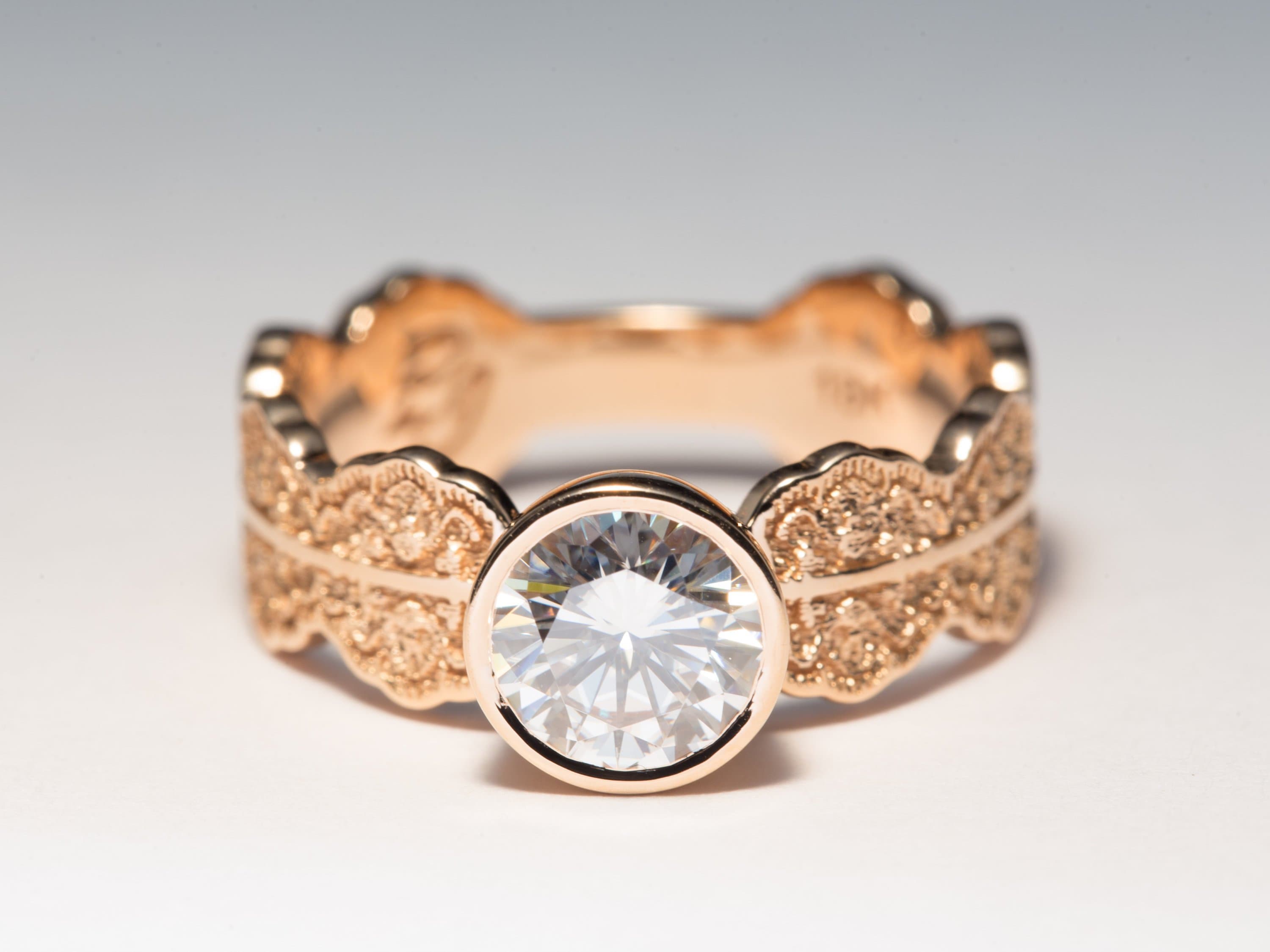 Rose Gold Lace Engagement Ring With 1 Carat Moissanite Unique | Etsy