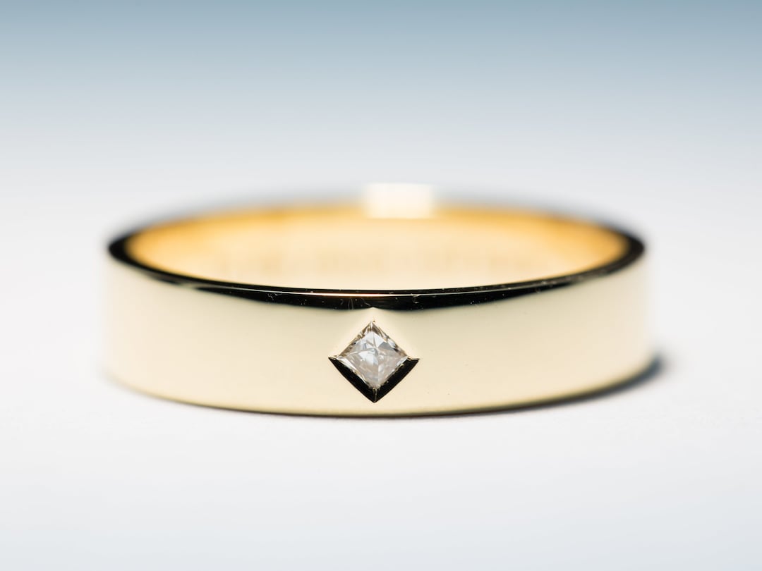 Men's Gold Wedding Ring With Princess Diamond, Mens Wedding Ring, Mens ...