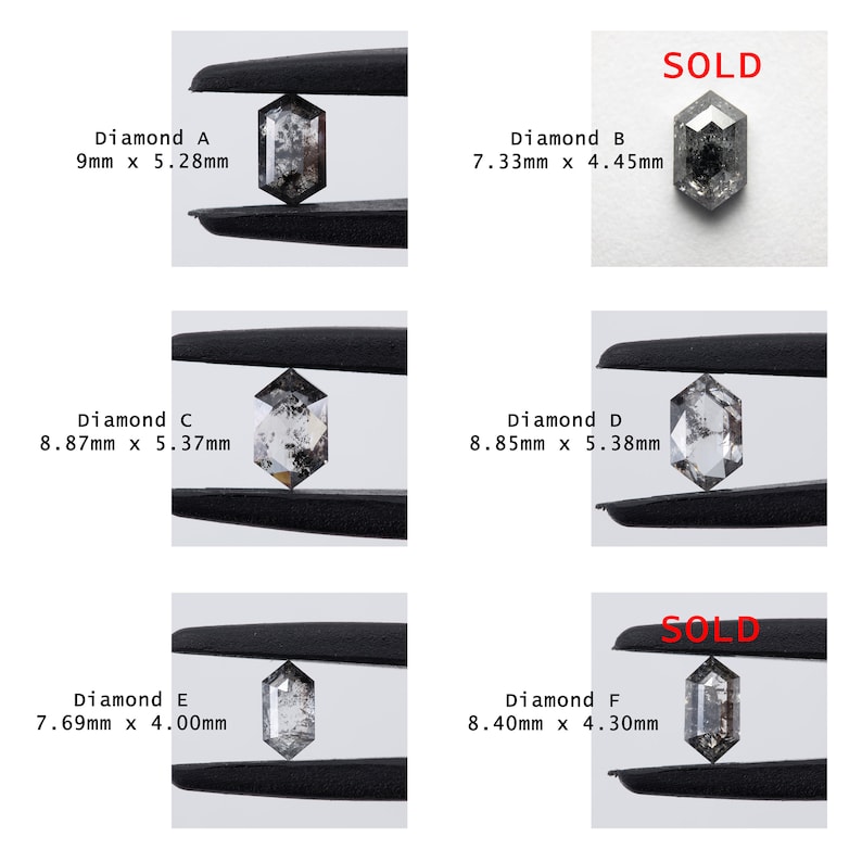Hexagon Salt Pepper Diamond Ring Set: Rose Cut 14K Gold Engagement ...