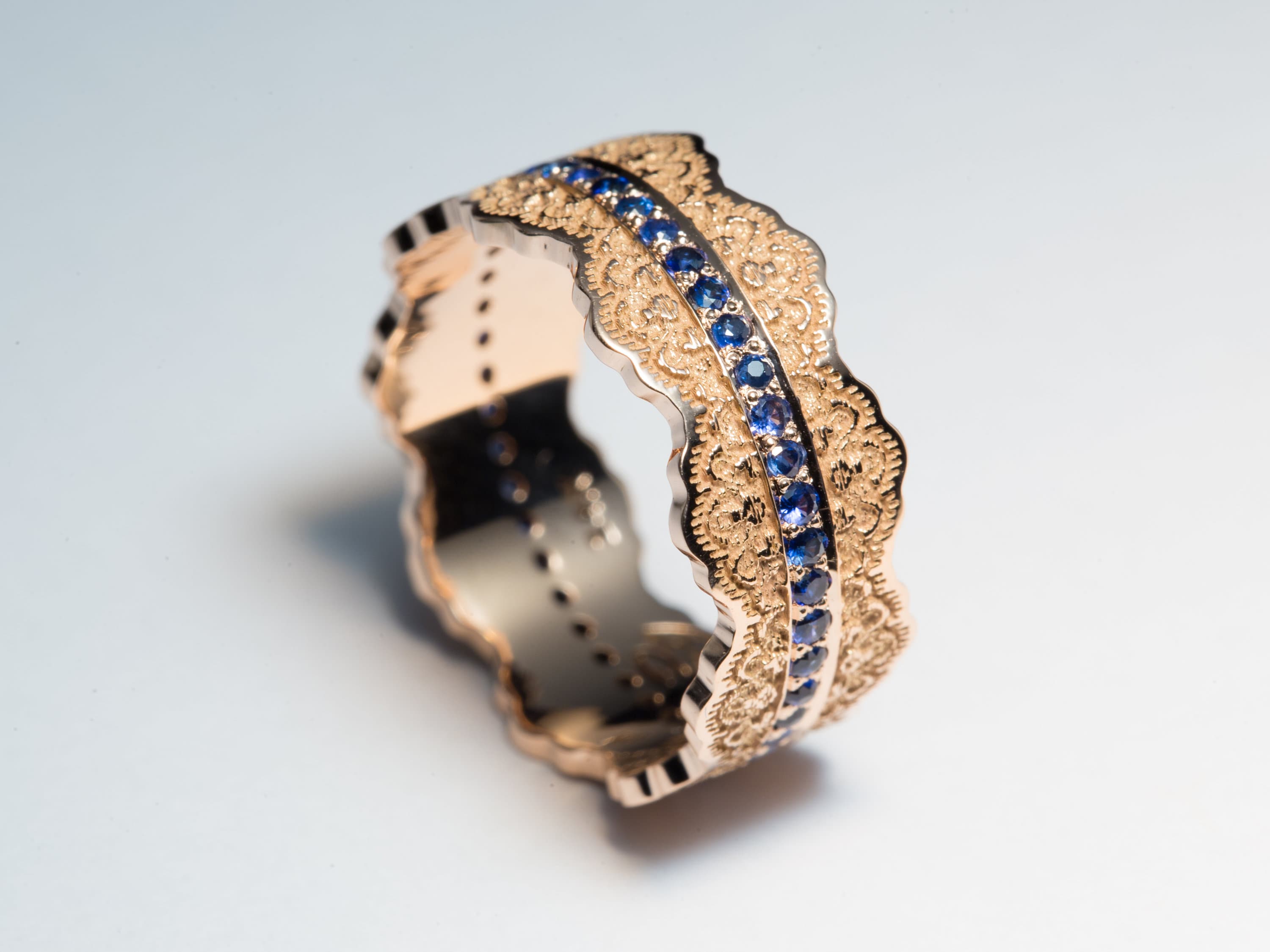 Rose Gold Lace Ring Lace Pattern Ring Blue Sapphires | Etsy