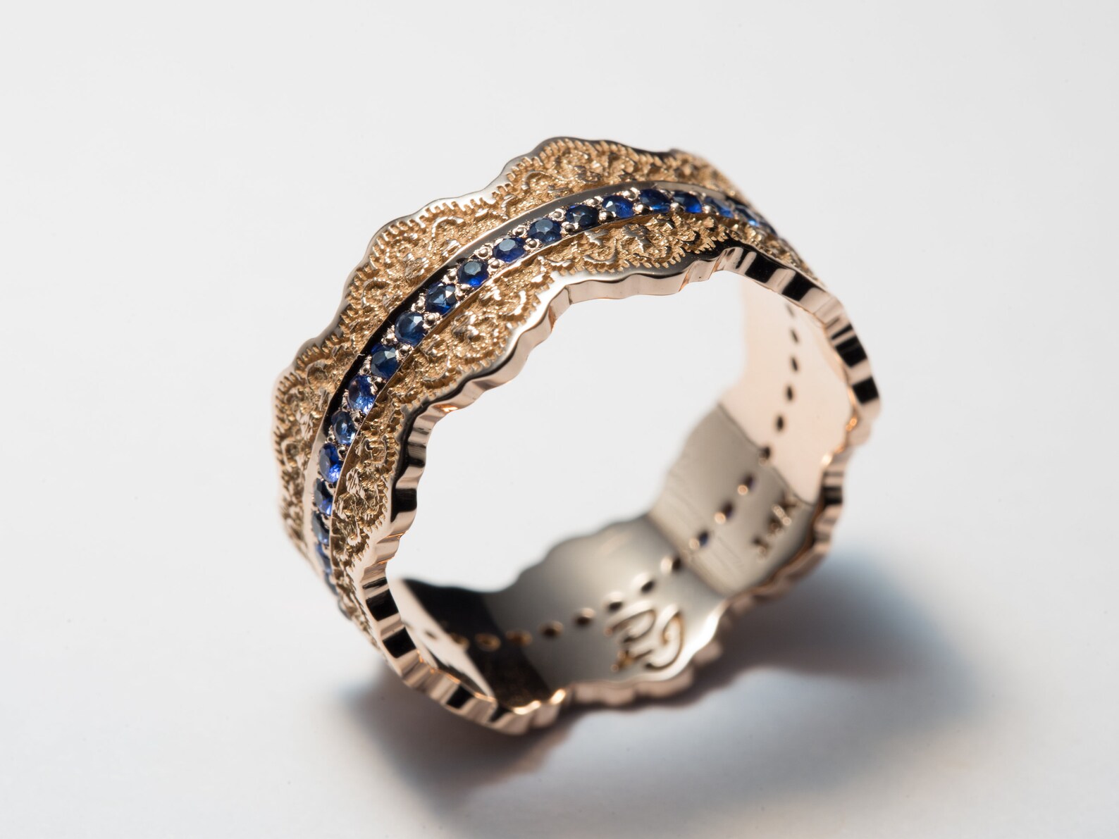 Rose Gold Lace Ring Lace Pattern Ring Blue Sapphires - Etsy