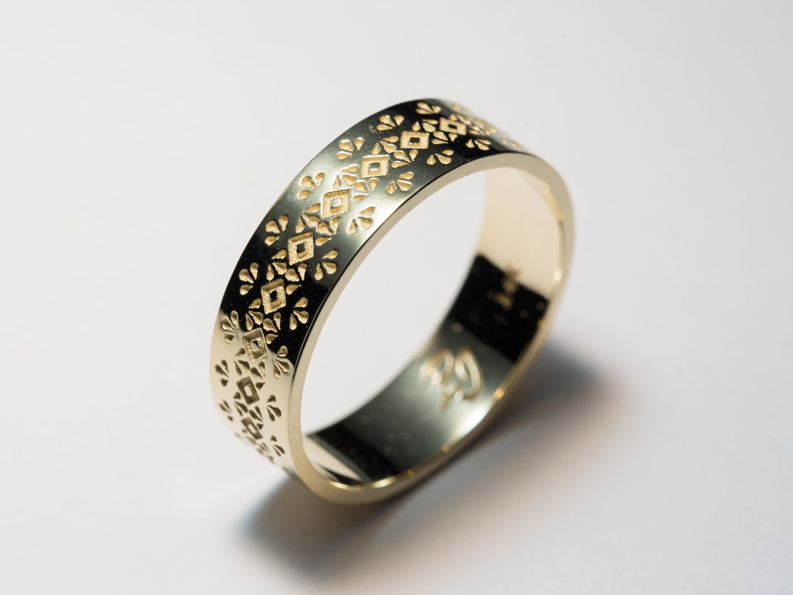 Aztec Gold Ring Patterned Wedding Band Unique Pattern Ring - Etsy