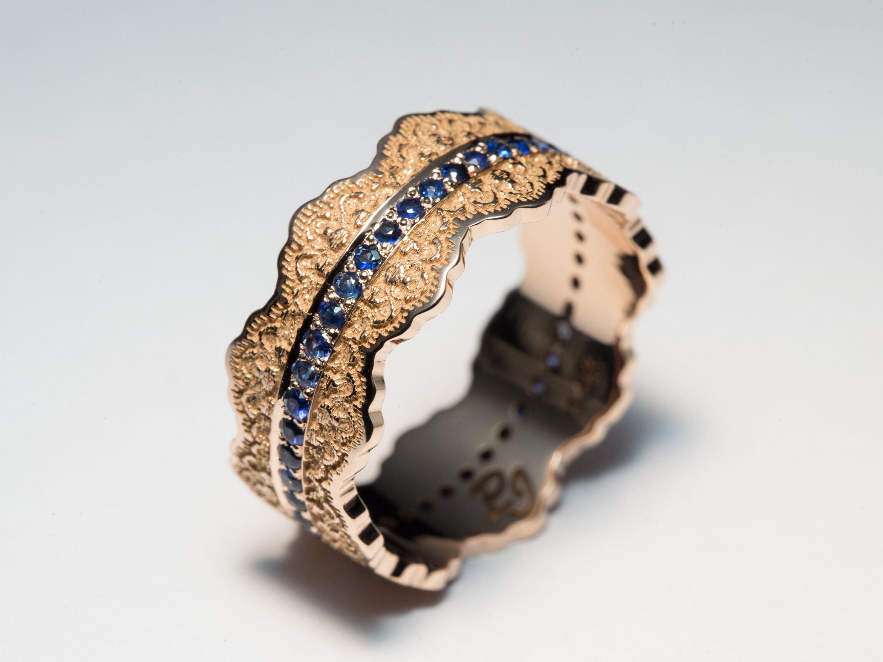 Rose Gold Lace Ring Lace Pattern Ring Blue Sapphires | Etsy