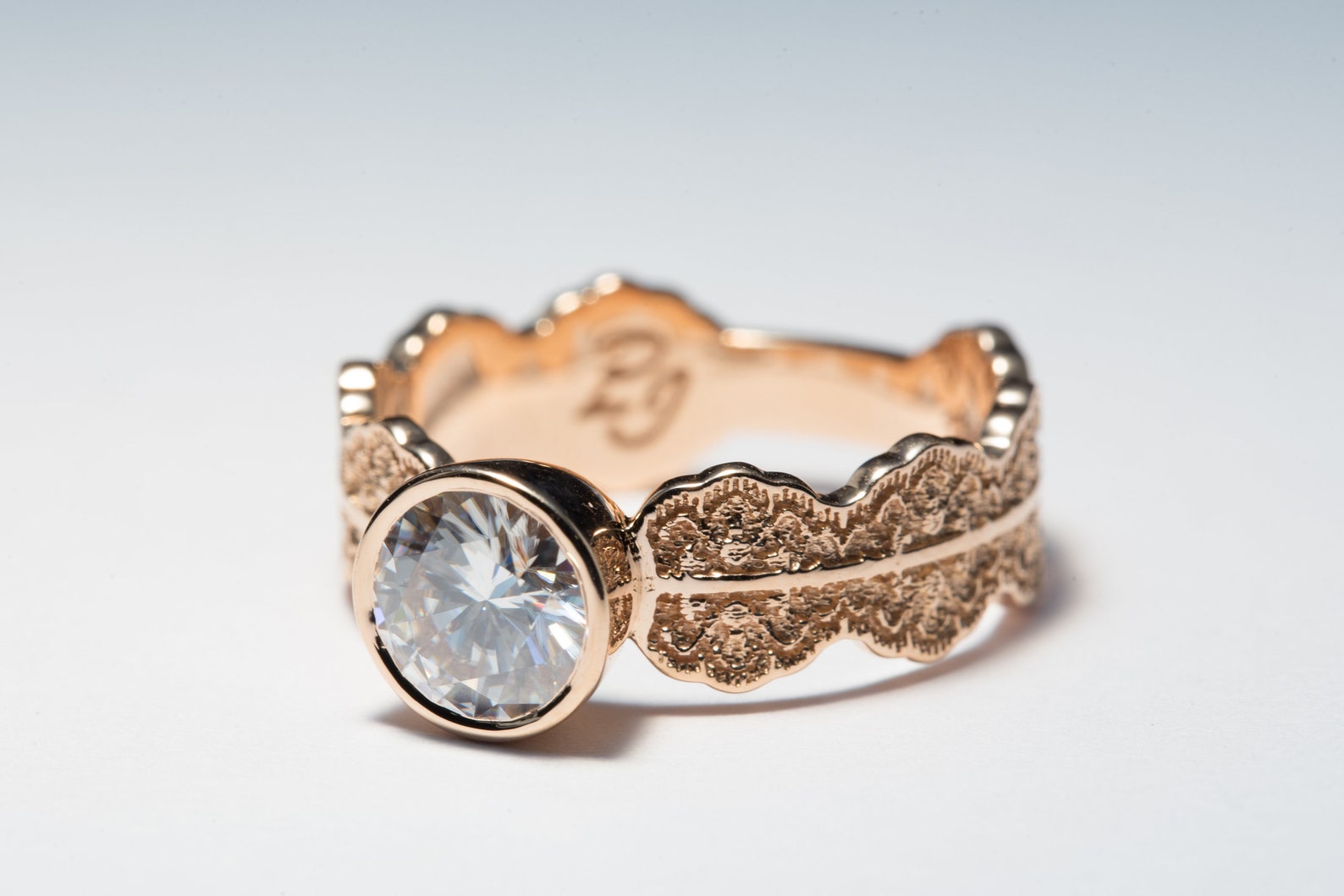 Rose Gold Lace Engagement Ring With 1 Carat Moissanite Unique | Etsy