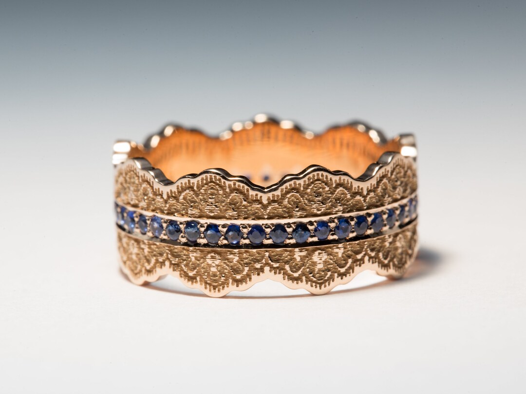Rose Gold Lace Ring, Lace Pattern Ring, Blue Sapphires Eternity Band ...