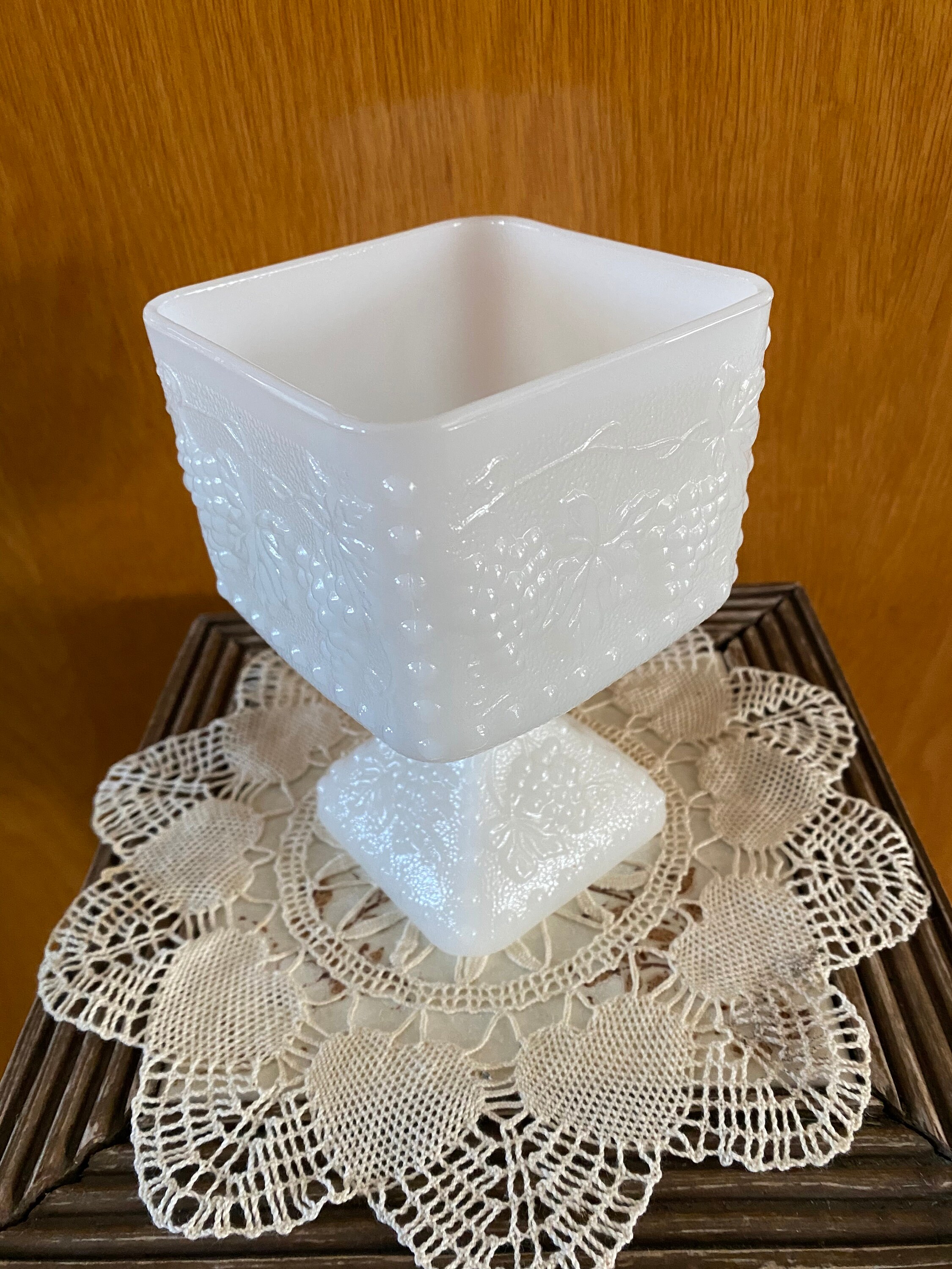 Vintage White Milk Glass Square Pedestal Compote - Etsy