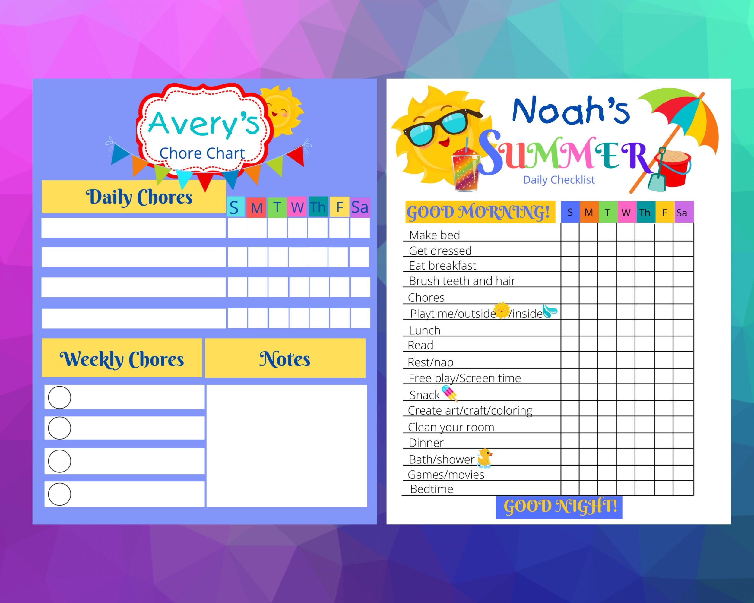 Kid's Daily Summer Activities Checklist and Chore Chart Bundle ...