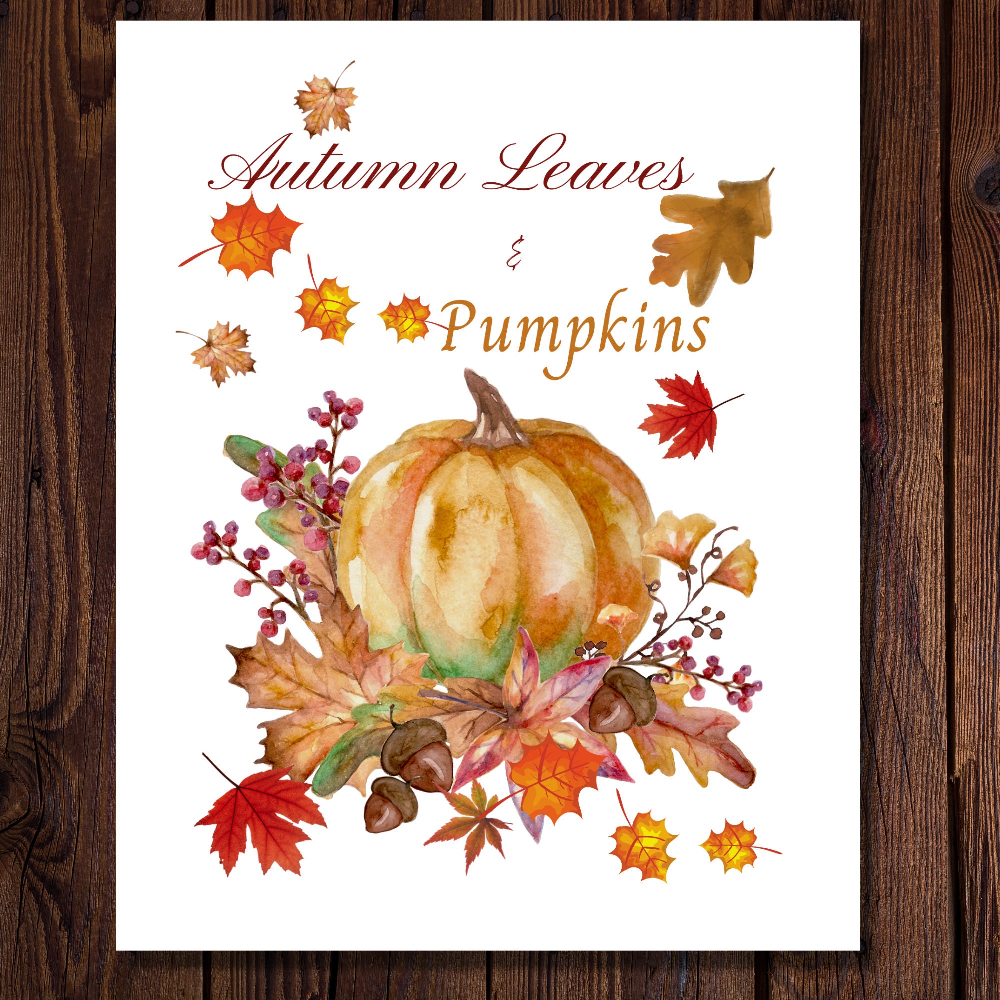 Autumn Leaves & Pumpkins Print, PRINTABLE ART, Fall Wall Art, Autumn ...