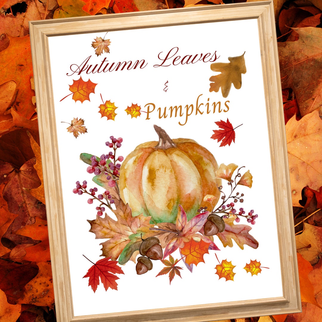 Autumn Leaves & Pumpkins Print, PRINTABLE ART, Fall Wall Art, Autumn ...