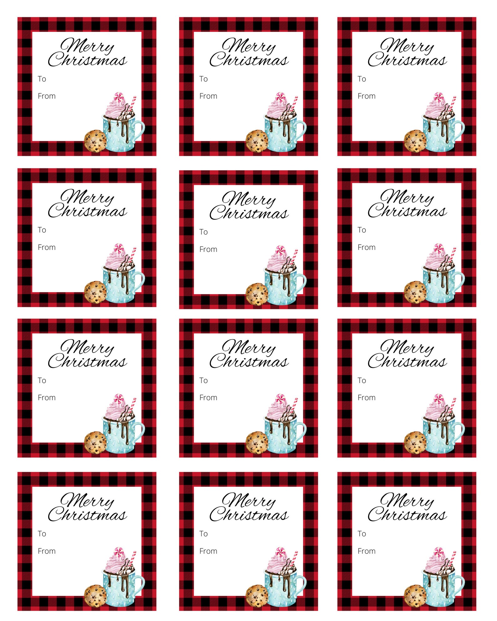 Printable Christmas Gift Tags, 12 Printable Cocoa & Cookies Christmas ...