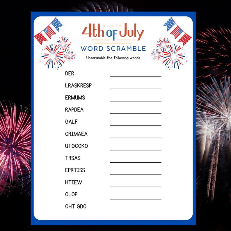July 4th Printable Game, Word Scramble, Family Friendly July 4th Game ...