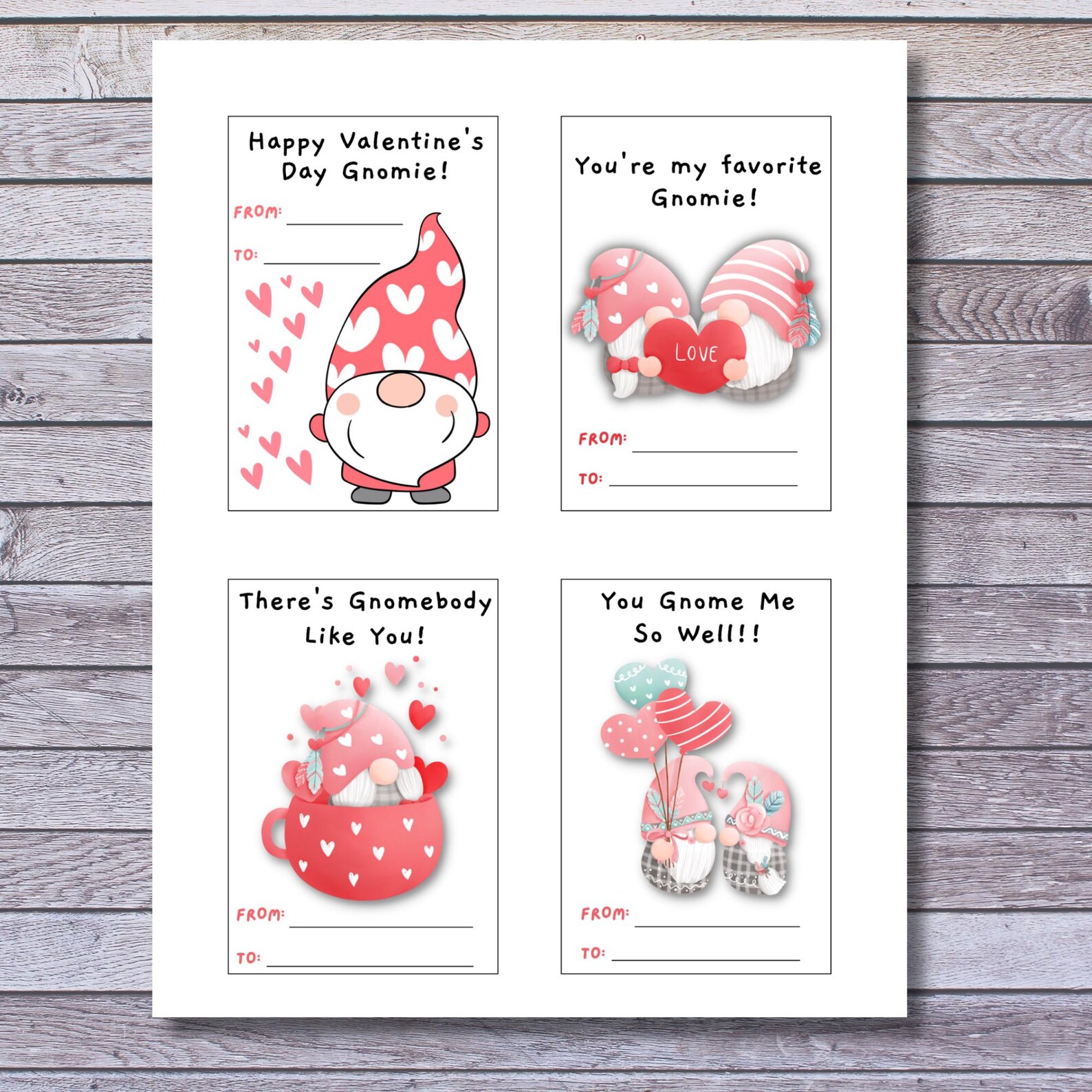 Valentine Gnome Cards, Printable Valentine Cards, Kid's Valentine's ...