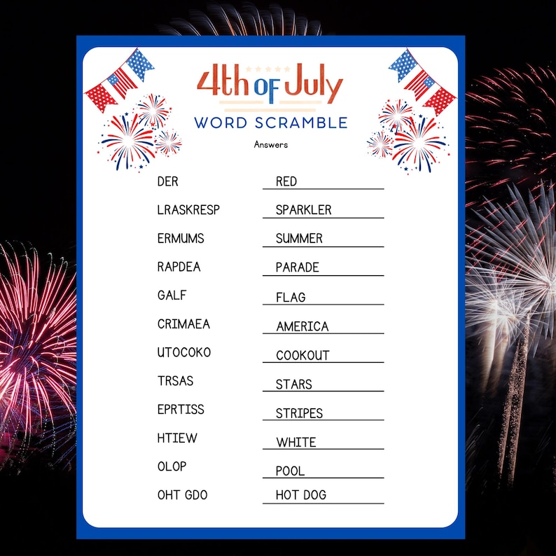 July 4th Printable Game, Word Scramble, Family Friendly July 4th Game ...