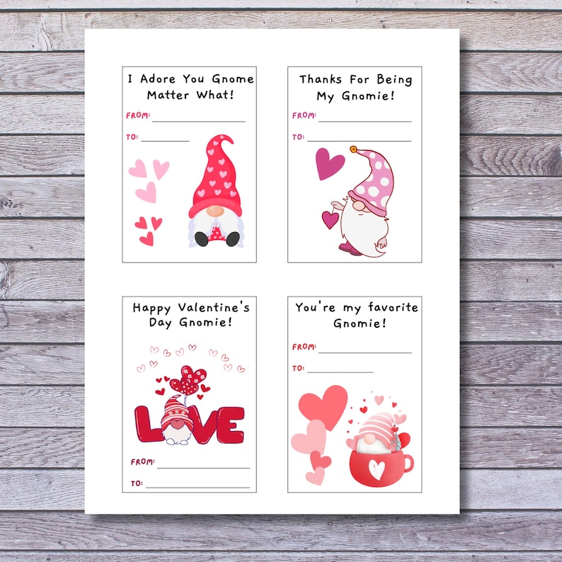 Valentine Gnome Cards, Printable Valentine Cards, Kid's Valentine's ...