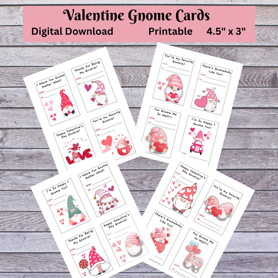 Valentine Gnome Cards, Printable Valentine Cards, Kid's Valentine's ...