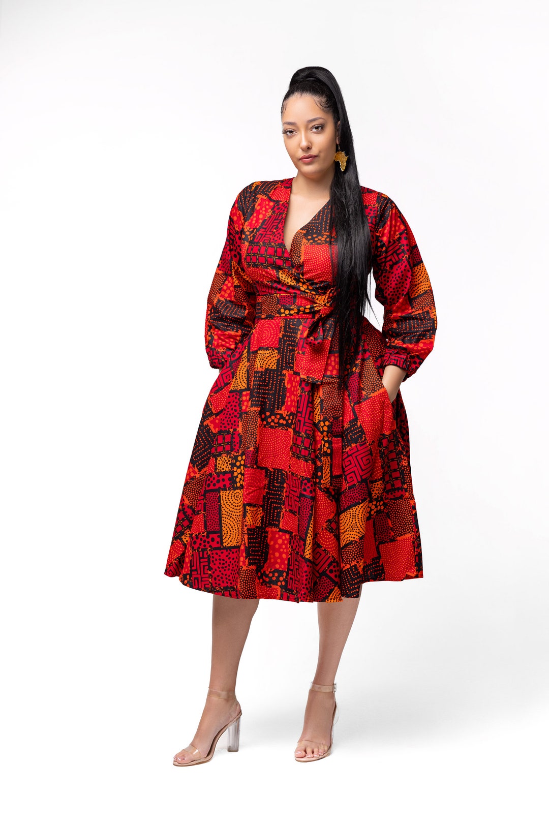 Demi Ankara Midi Dress Wrap Dress Print Dress Gathered Dress