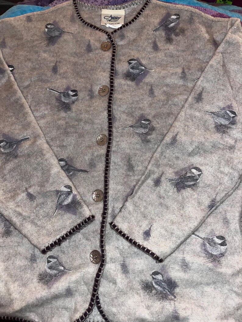 Artisans All-over BIRD Print - CHICKADEES - Button Front Cardigan ...