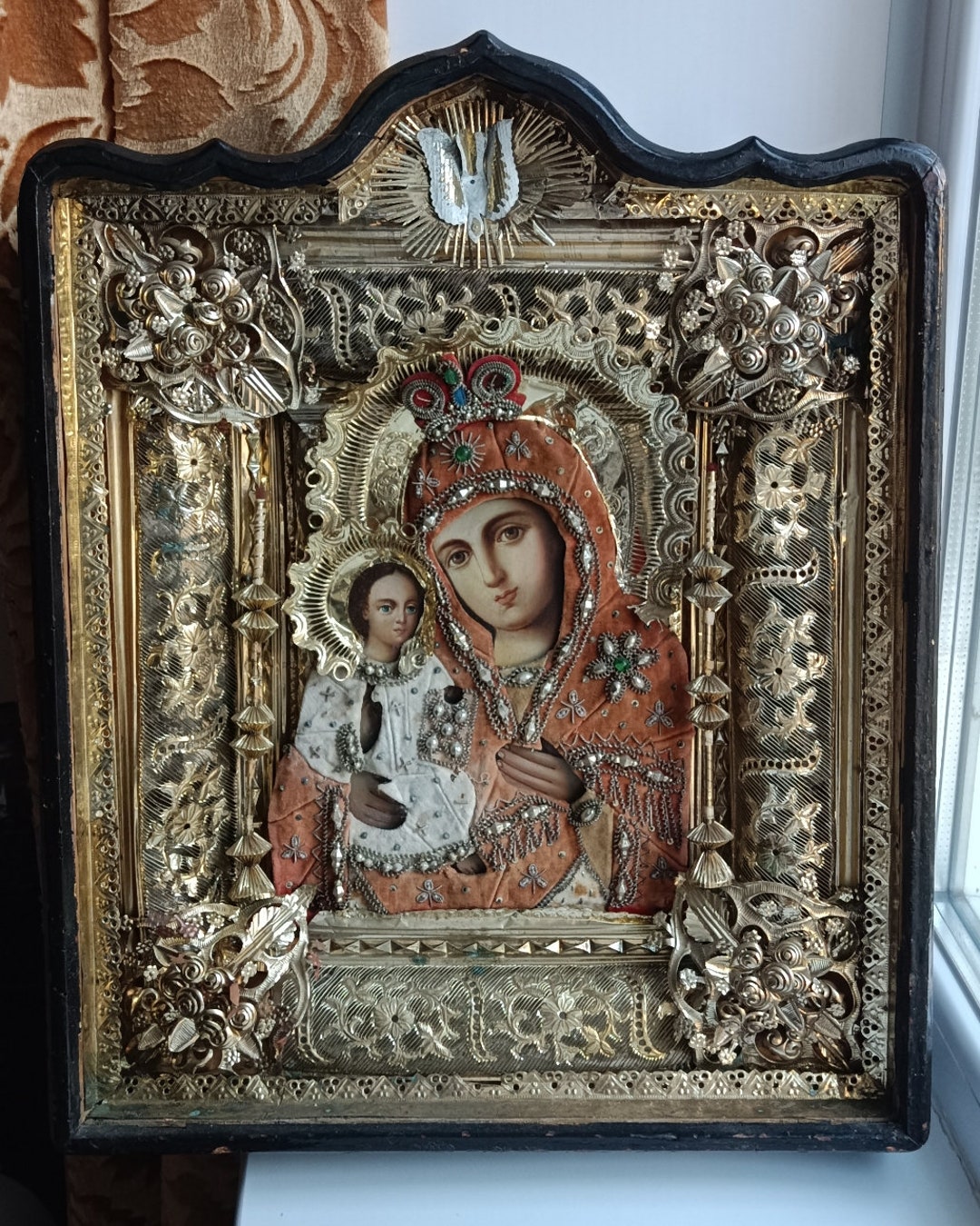 Mother Of God Russian Orthodox Hand Painted Icon 19 C Dimension 56 45