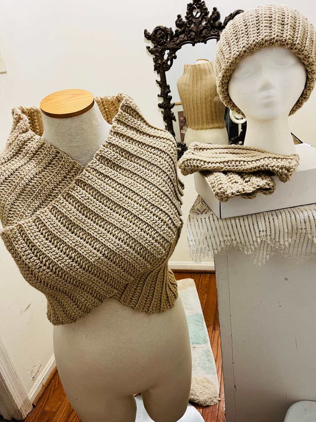 Cross Body Wrap With Ribbed Hat and Fingerless Gloves - Etsy