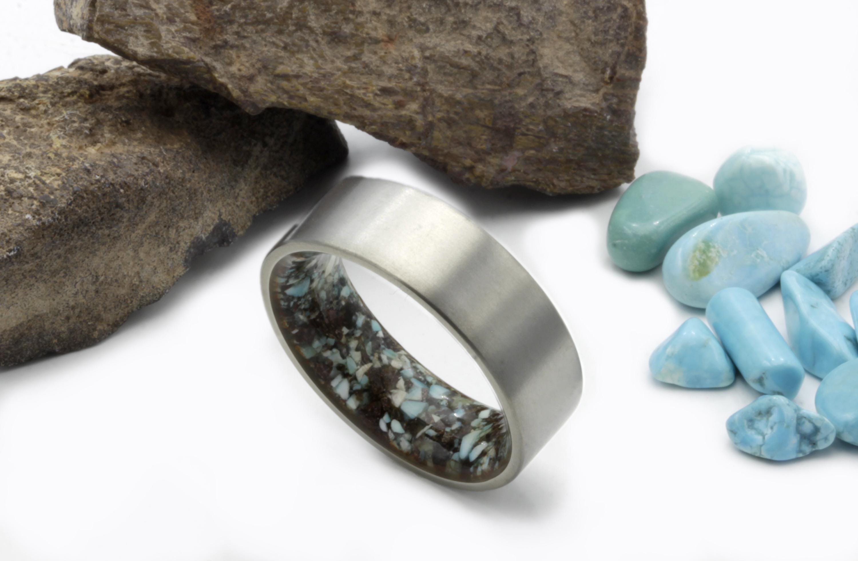 Dinosaur Fossil Ring, Turquoise Men Ring, Men Wedding Band, Wedding ...