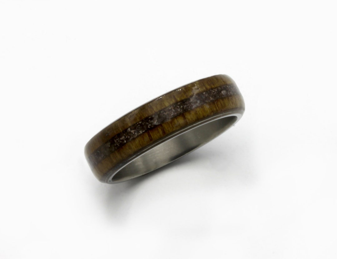 Teak Wood Ring With Dinosaur Fossil Bone Inlay Titanium Wedding Band ...