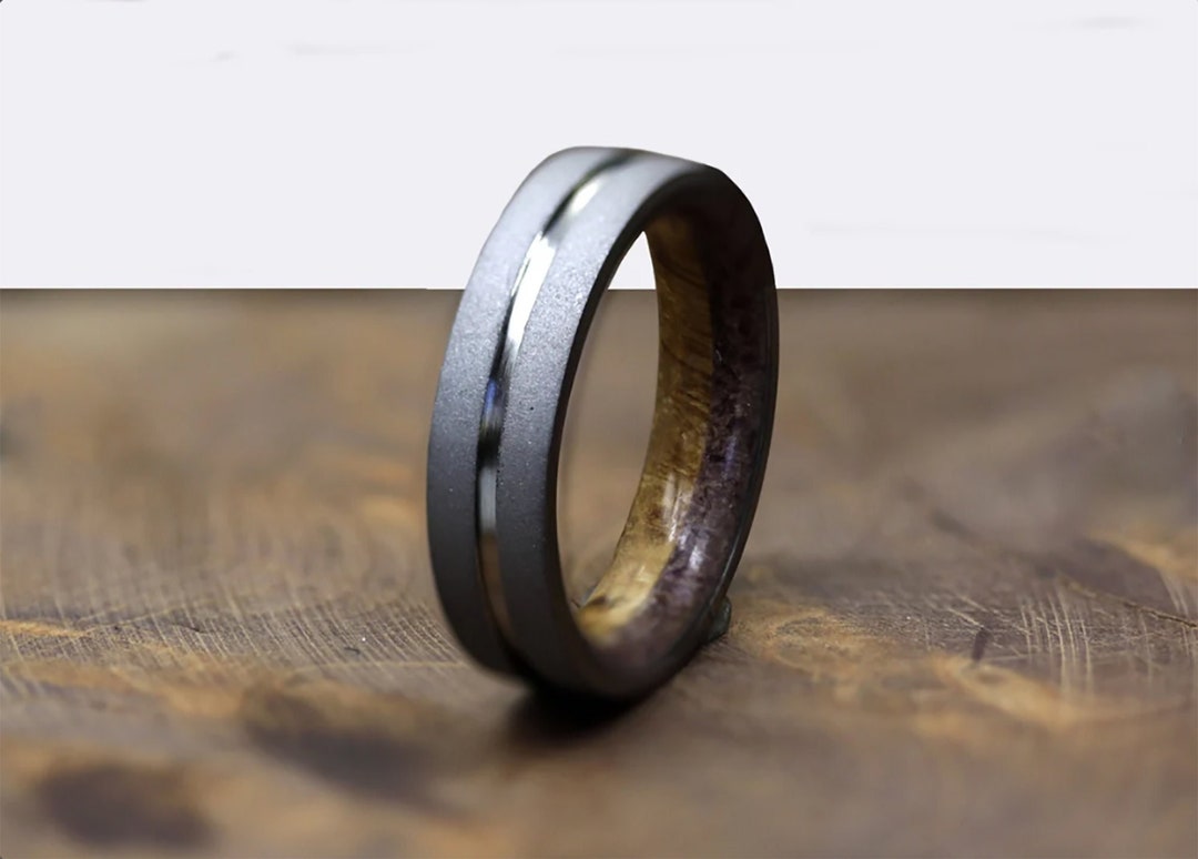Whiskey Barrel Wood Ring With Raw Garnet Stone Sandblasted Titanium ...