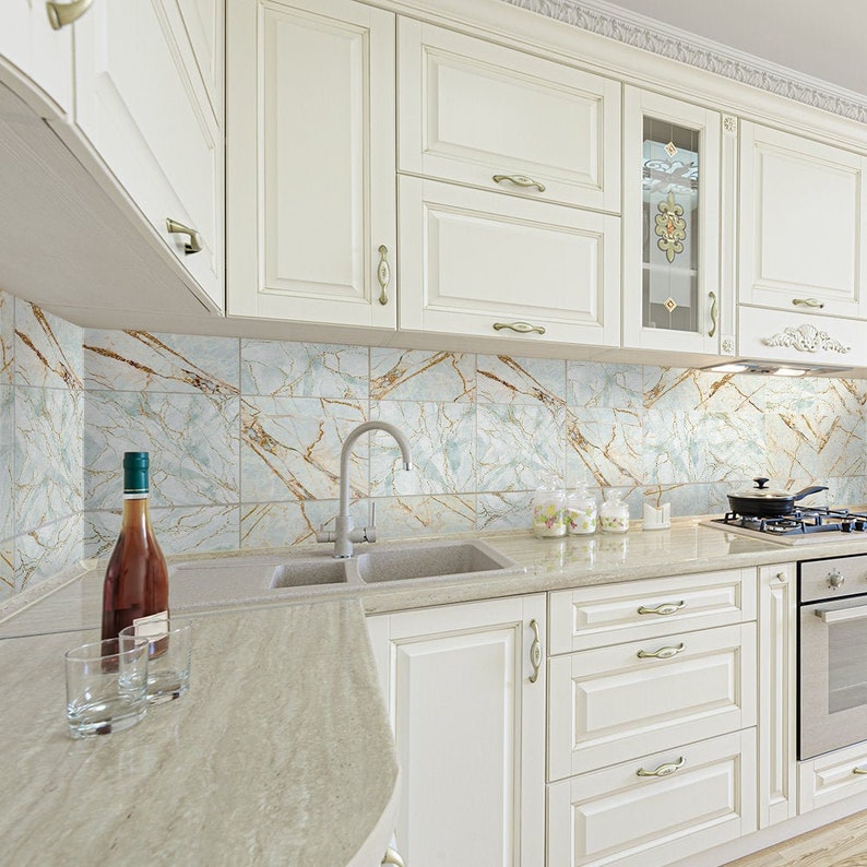 FUNLIFE Cyan Marble Backsplash Tile Stickers Peel and Stick - Etsy