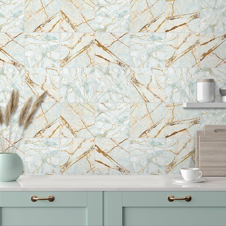FUNLIFE Cyan Marble Backsplash Tile Stickers Peel and Stick - Etsy