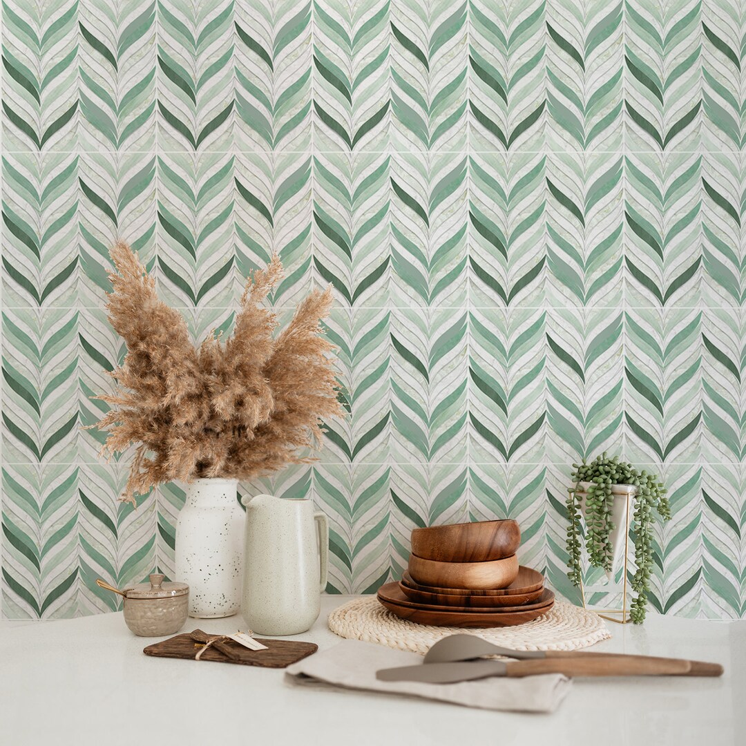 FUNLIFE Backsplash Tile Sticker, Sage Green Geometric Leaves Tile ...