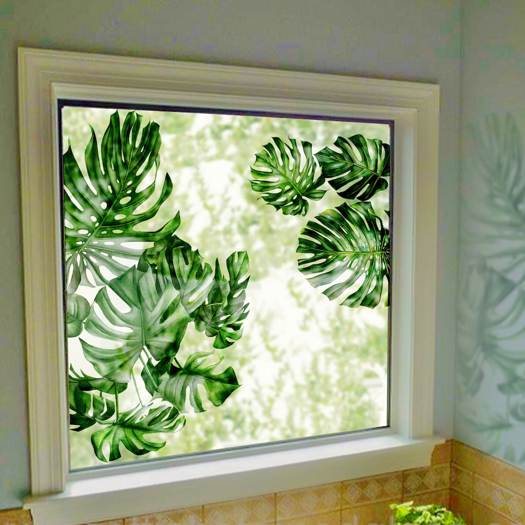 FUNLIFE Tropical Leaves Window Display Decal, Watercolor Monstera Leaf ...