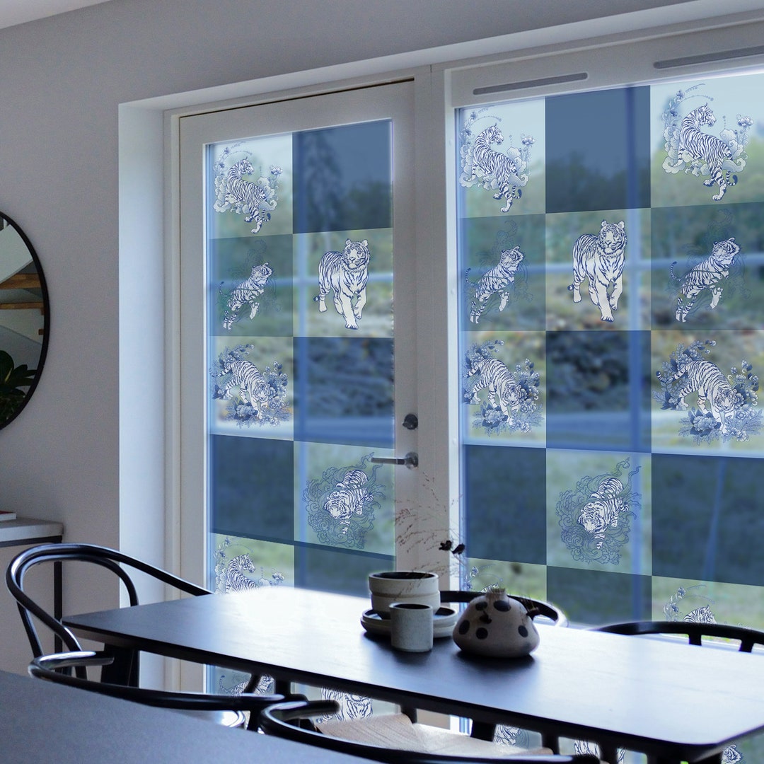 FUNLIFE Chinoiserie Tiger Window Stickers, Geometric Blue Square Window ...