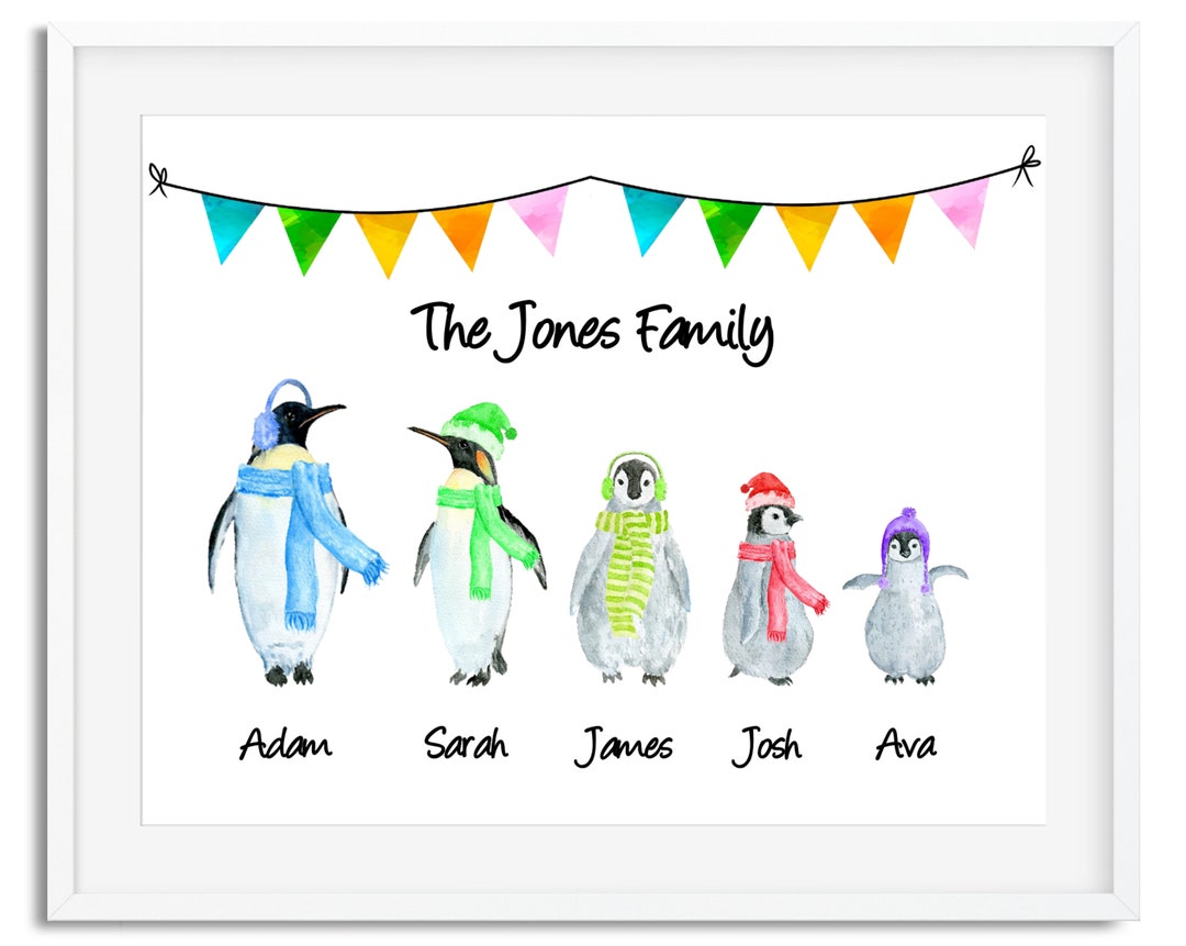 Penguin Family Personalised Watercolour Premium Print Picture Custom ...